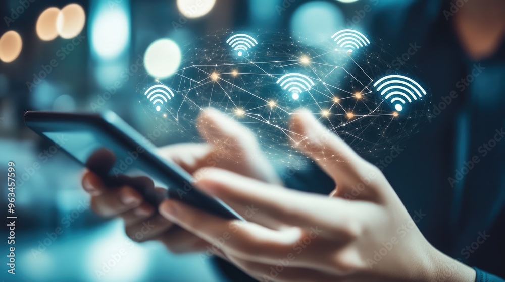 Hands interacting with a touchscreen smart device, with visible ...