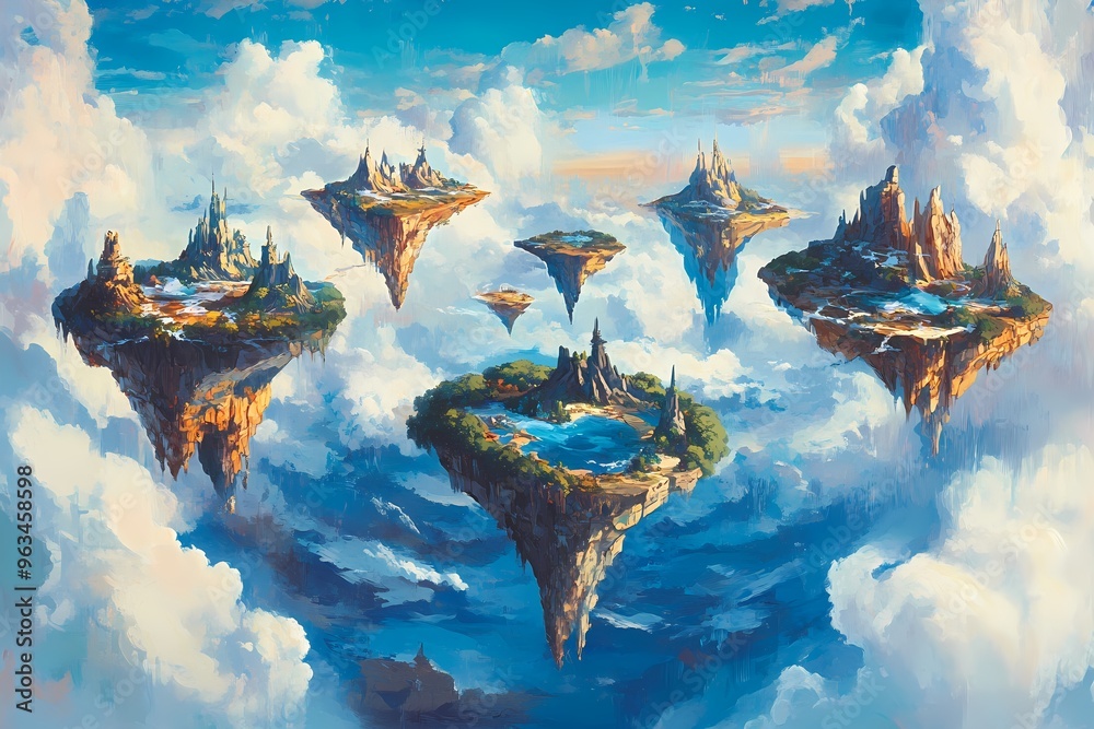 World map as floating islands, exaggerated continents, rich colors ...