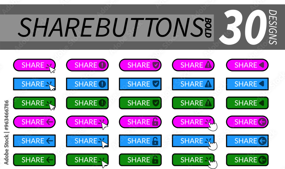 Complete set of professional share buttons with hand pointer, arrow pointer and other related ...