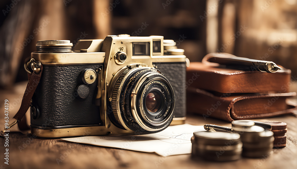 Through the Lens of History: A Retro Camera Set on a Desk Full of Faded ...