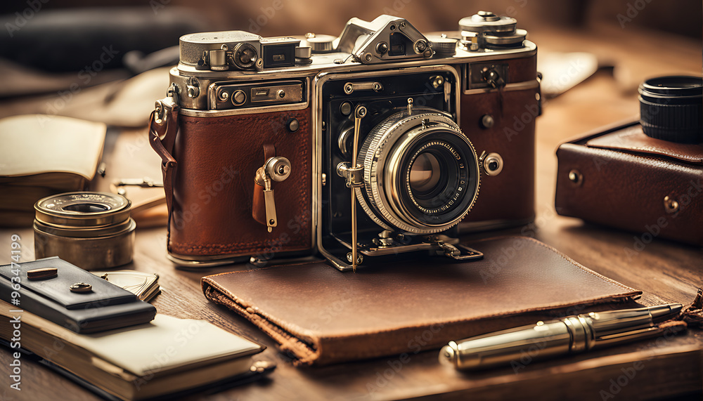 Through the Lens of History: A Retro Camera Set on a Desk Full of Faded ...