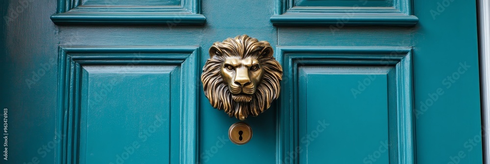 A decorative and elegant brass lion head door knocker on a teal door ...