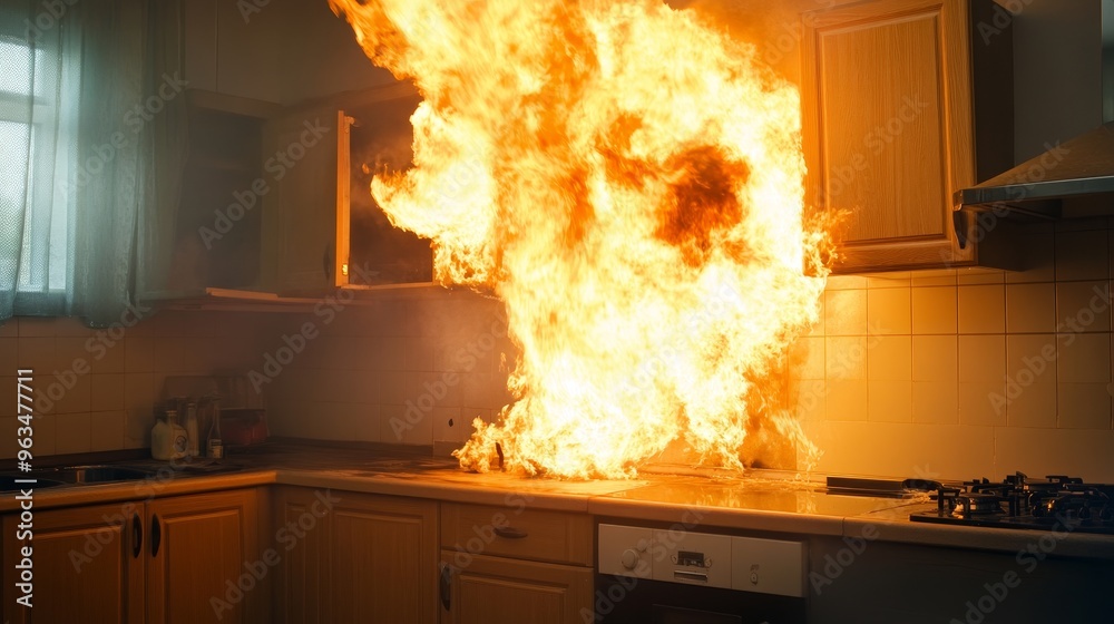 A dramatic image capturing the intensity of a kitchen fire, where ...
