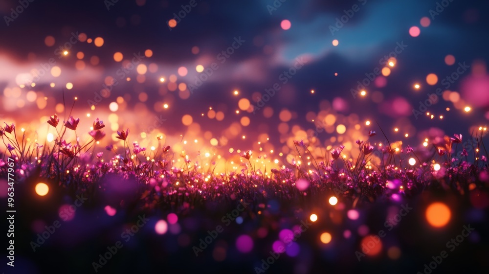 A field of flowers glows with the light of fireflies, creating a ...