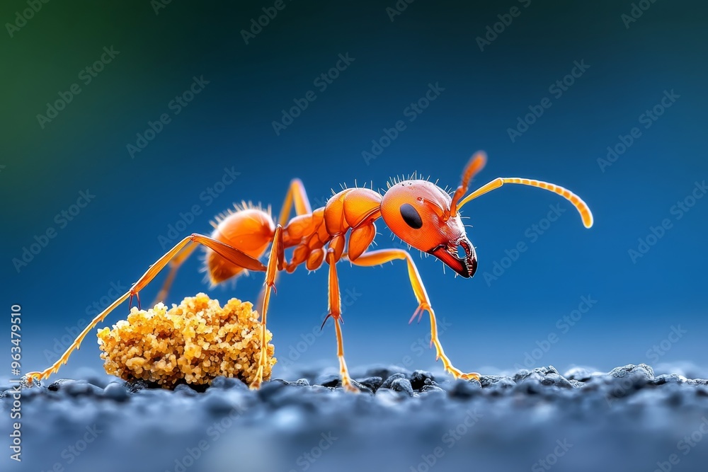 Macro photo of an ant carrying a crumb, strong and determined capturing ...