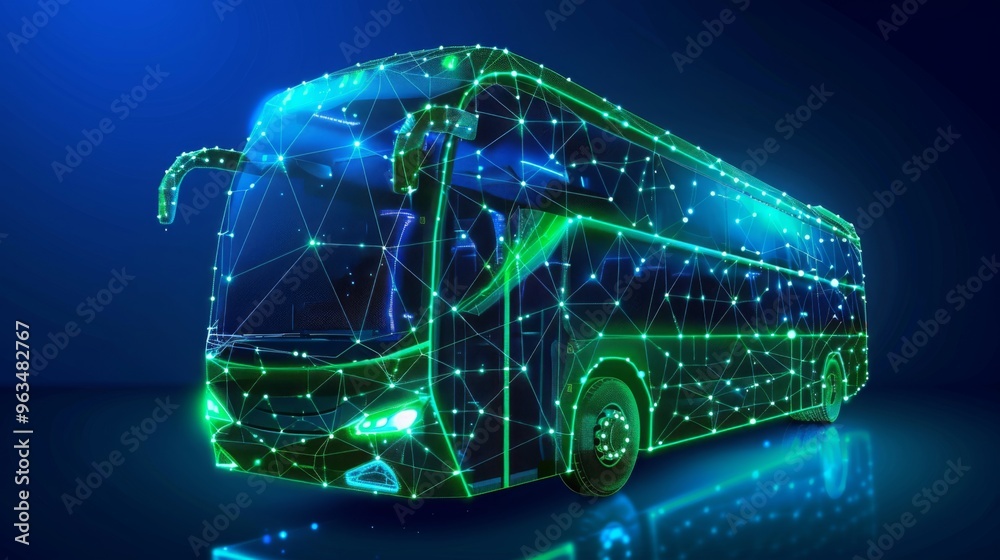 Digital green high-speed bus in low poly wireframe, the future of ...