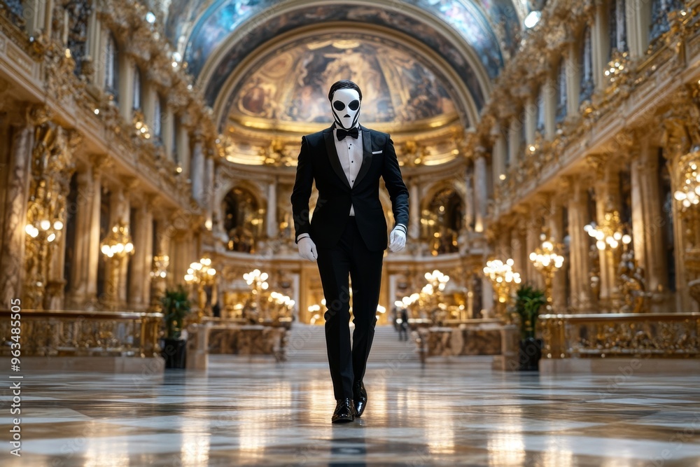 Masked man stepping through a grand ballroom his elegant attire ...