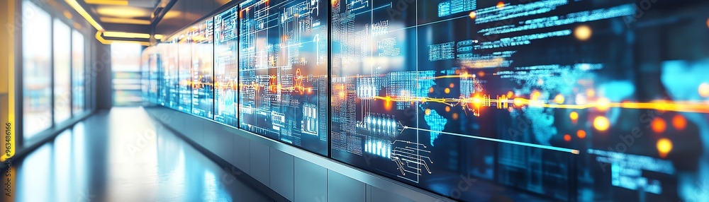 Futuristic data center with digital screens and world maps displaying ...