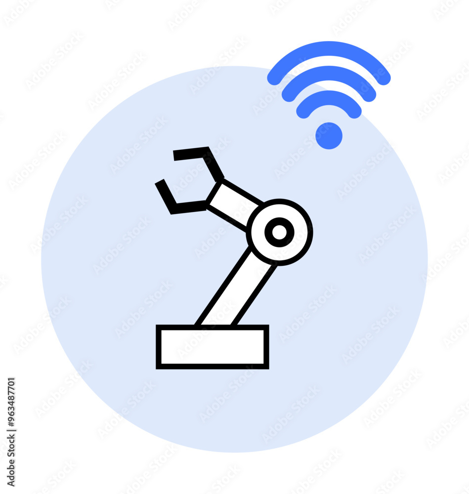 A robotic arm within a circular light blue background and a blue ...