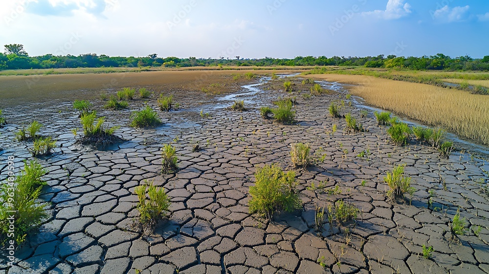 Drying river delta with scattered vegetation, symbolizing water ...