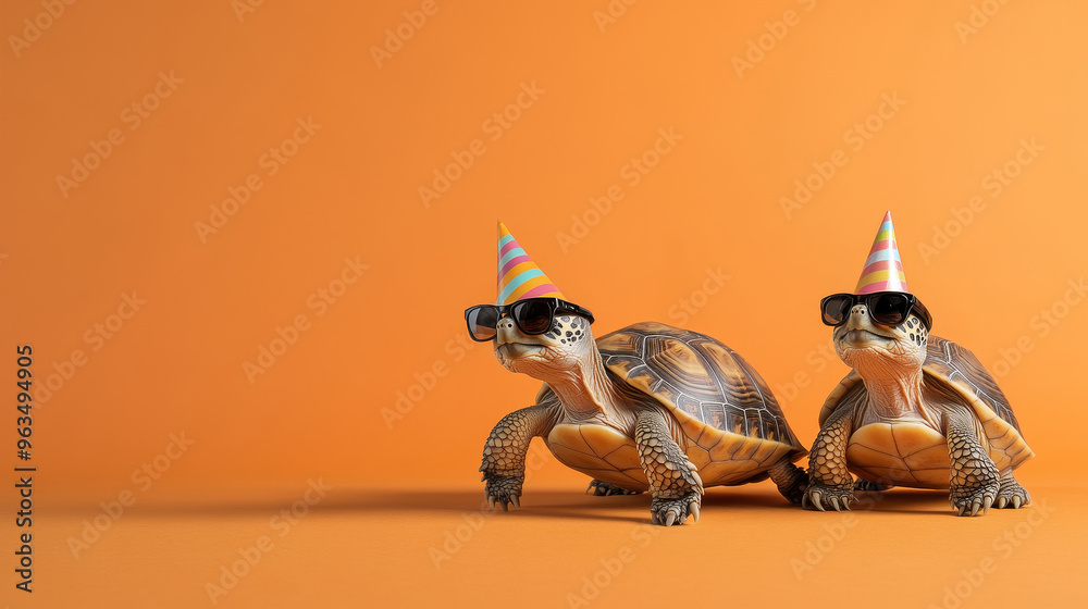 Two cute turtles wearing party hats and sunglasses are celebrating a ...