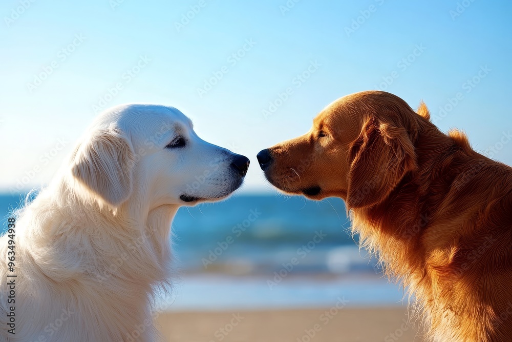 Two dogs, one white and one golden, are nose to nose in a playful ...