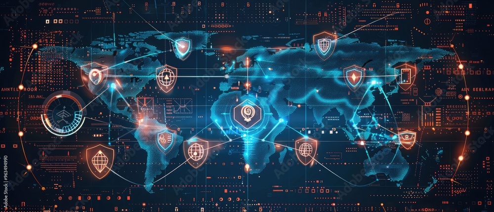 Futuristic digital world map with interconnected security shields ...
