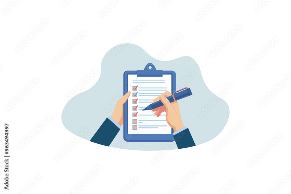 Checklist on clipboard vector illustration. Businessman doing check ...