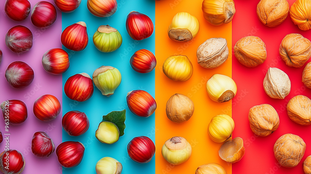 The collage depicts hazelnuts on a bright background, with each segment ...