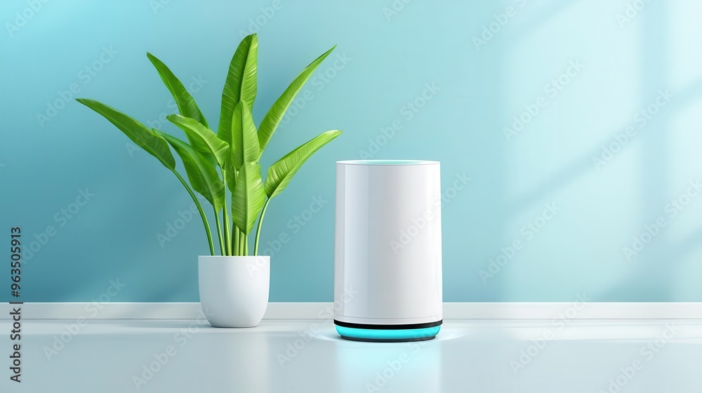 A high-tech smart air purifier in augmented reality, showing filtration ...