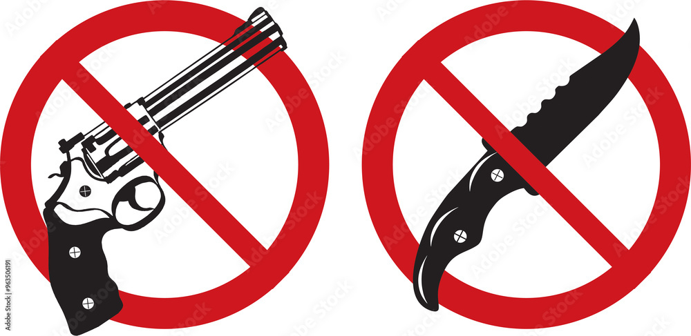 Gun or Knives not allowed badge icon. knife and gun or pistol crossed ...