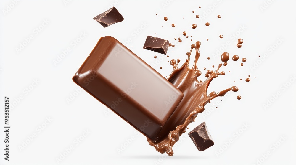 A close-up of a chocolate bar splashing into a pool of liquid chocolate ...