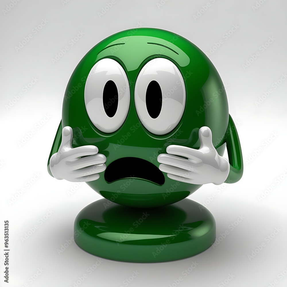 3D emoticon with a confused expression, bright green color, large white ...