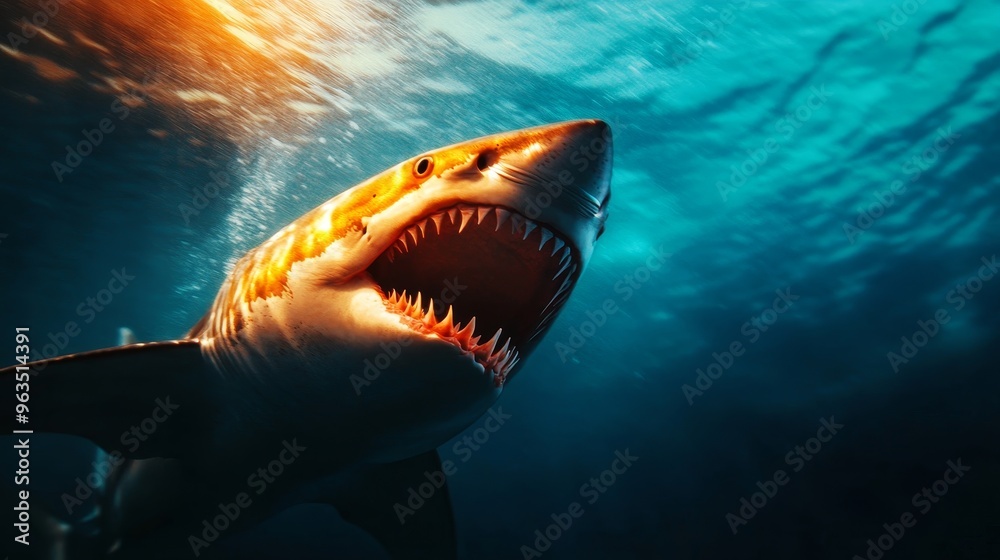 A close-up shot of a great white shark's open mouth, revealing rows of sharp teeth, with a ...