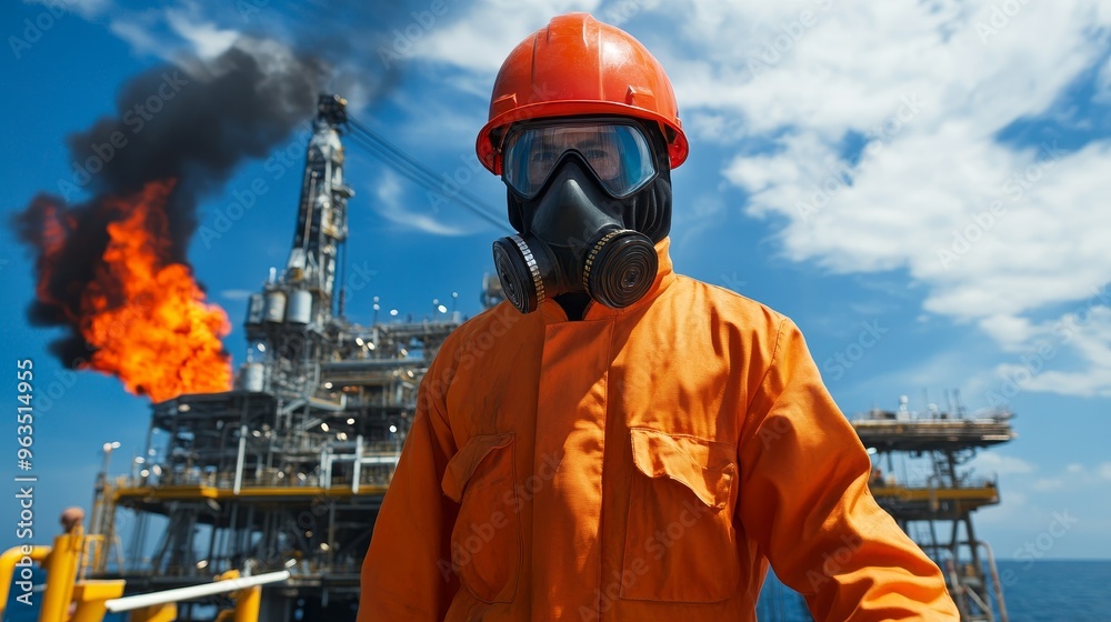 A close-up shot of an oil rig worker wearing flame-resistant coveralls ...