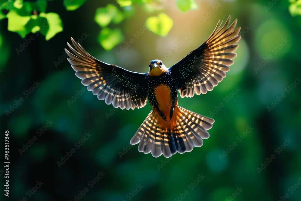 Bird diving toward the treetops, wings flashing in the sunlight as it ...