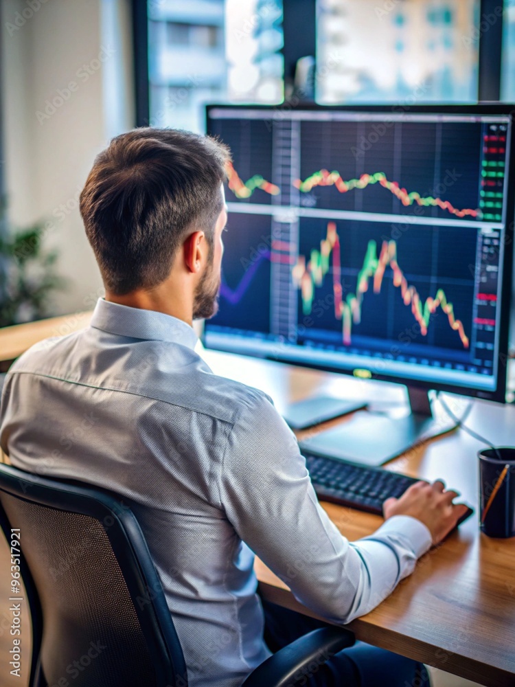 Persona analizando gráficos de la bolsa de valores en la computadora, trabajando en inversiones ...