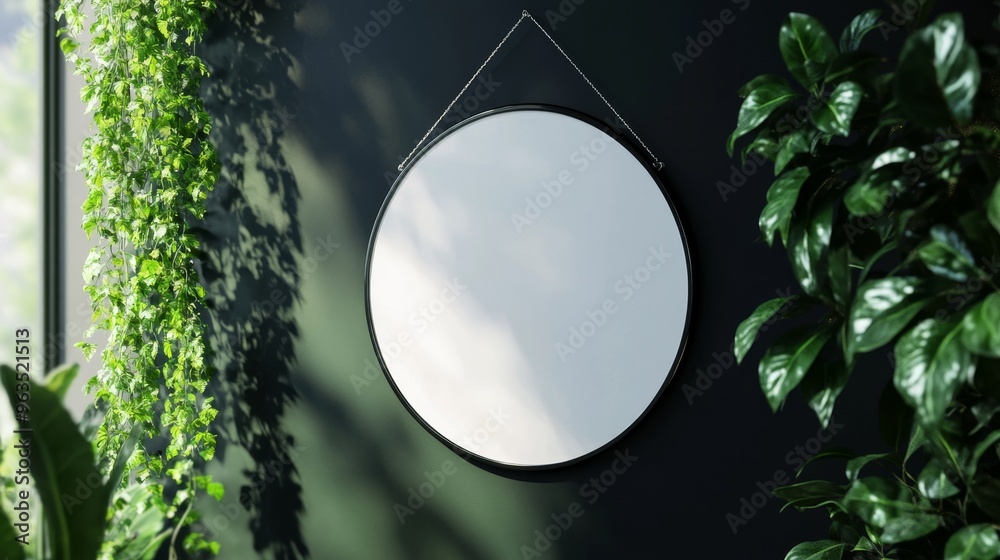 A modern and minimalist round mirror mockup with greenery hanging on a ...