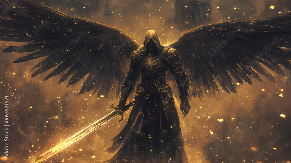 Dark warrior angel with medieval sword. fantasy background. digital ai ...