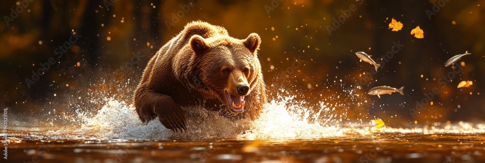 A powerful grizzly bear charges through a river, its claws splashing ...