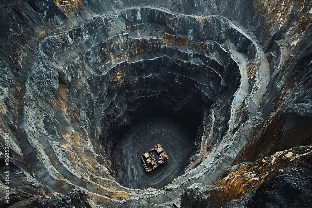 An open pit mine with large depth, the mining vehicle is located at the ...