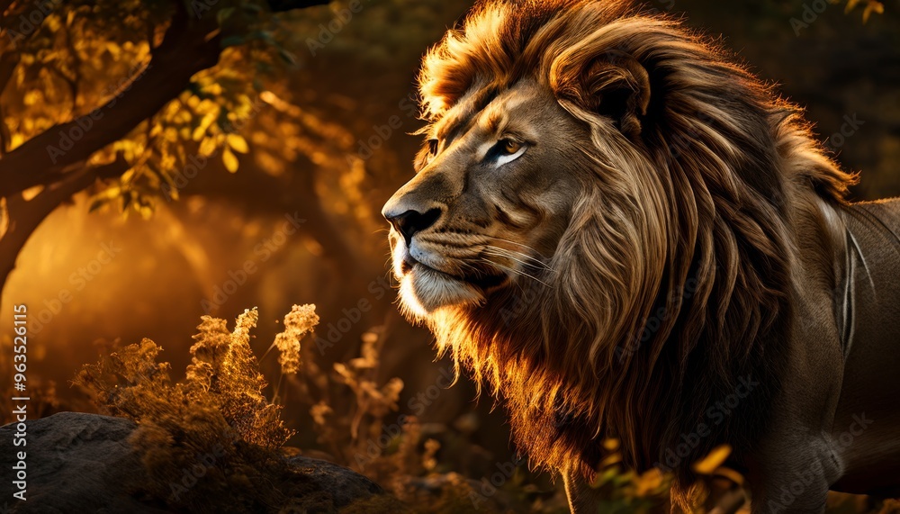 Majestic lion standing in the wilderness, bathed in the golden light of ...