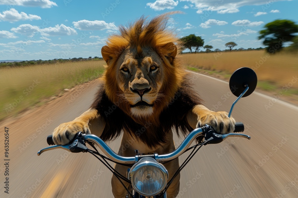 Lion on a cruiser bike, mane blowing in the wind as it rides across the ...