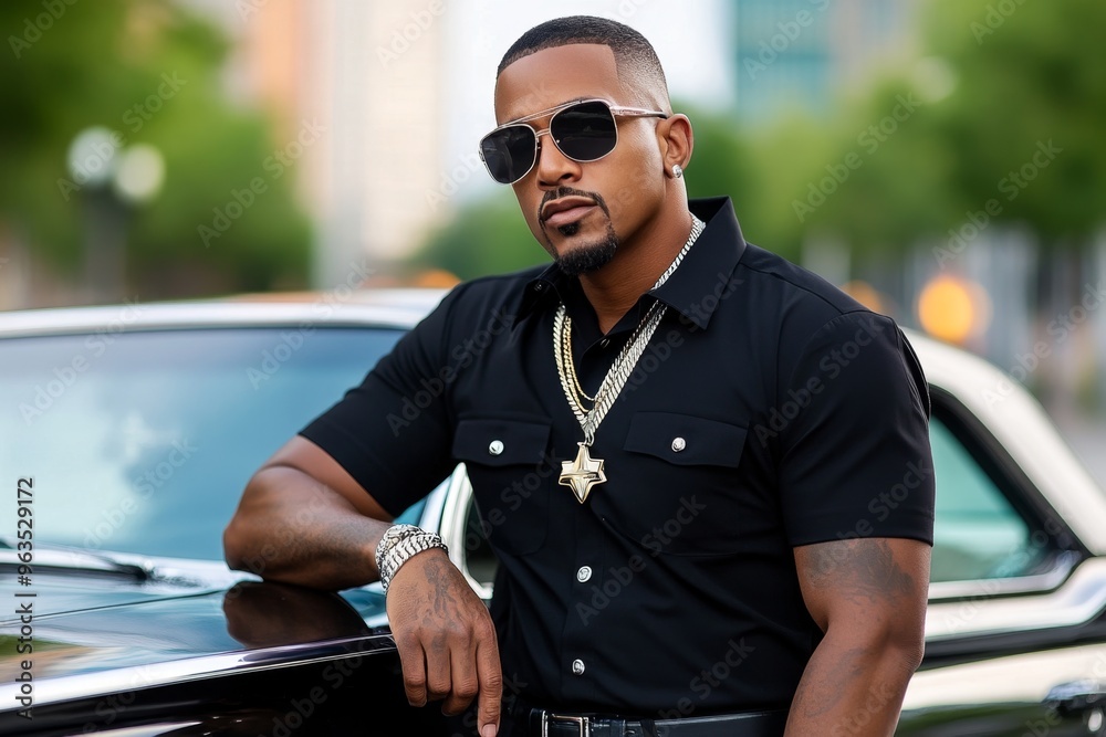 Mafia enforcer leaning against a classic car, sunglasses on watching ...