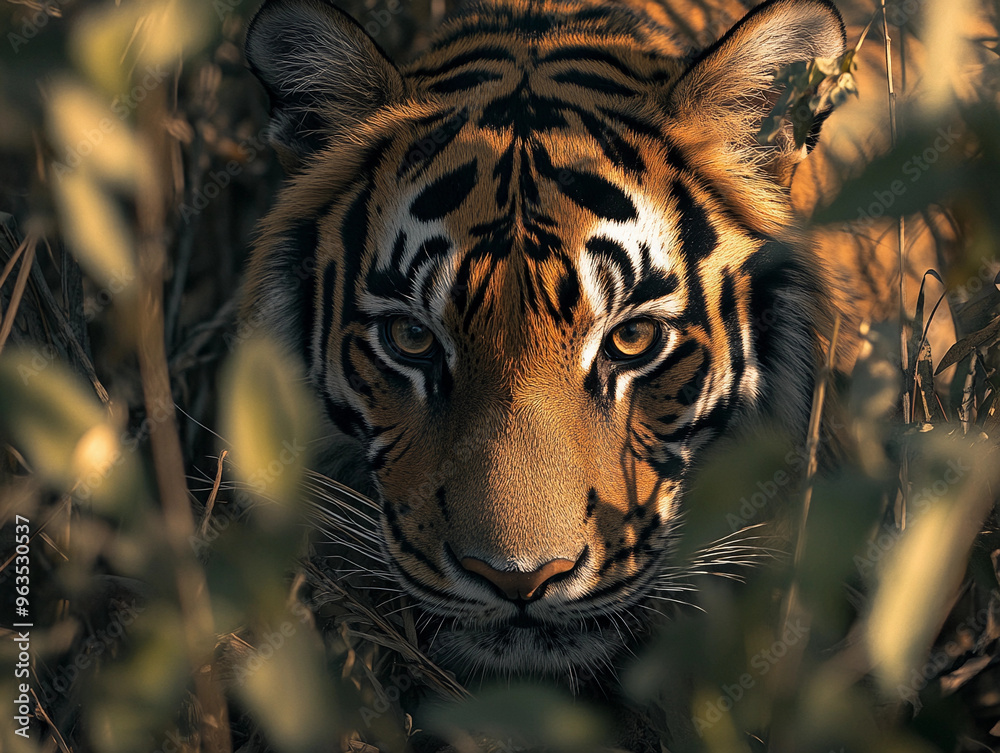 tiger concealed in tall underbrush, its orange and black striped fur ...