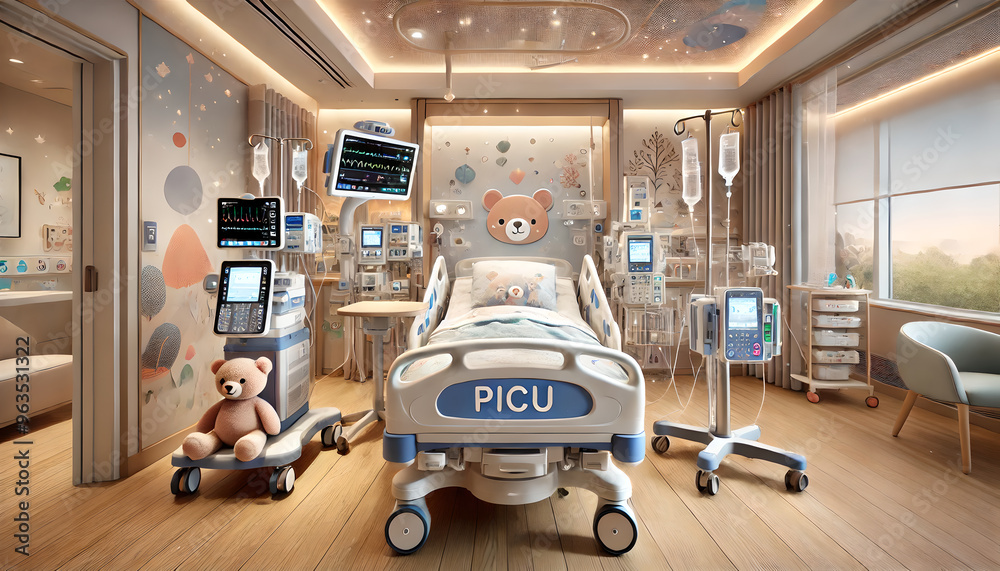 Pediatric Intensive Care Unit (PICU): featuring a smaller bed and medical equipment designed for ...