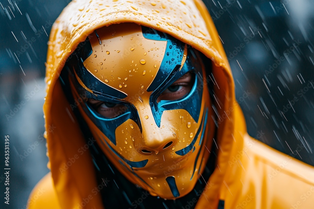Masked man standing silently in the rain as water drips from his mask ...