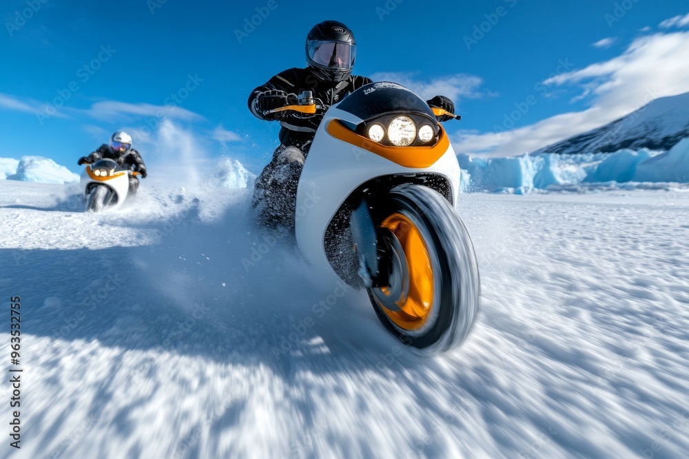 Penguin on a snowy motorcycle, gliding over icy landscapes with a trail ...