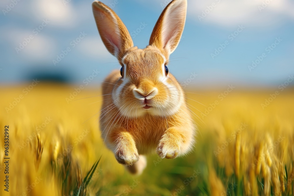 Rabbit bounding through the tall grass, ears flopping in the wind as it ...