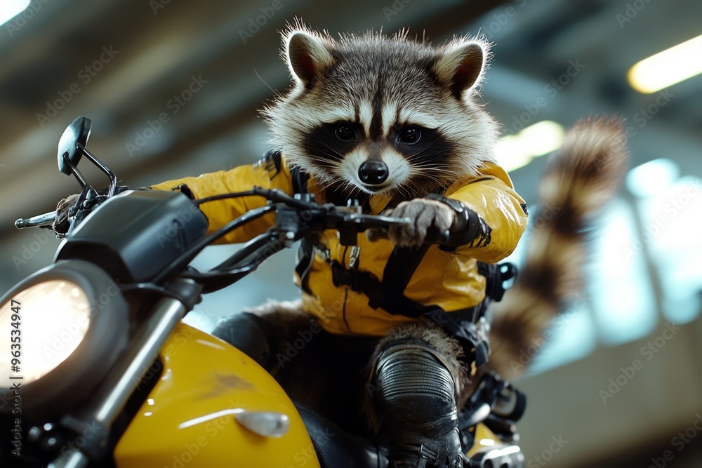Raccoon on a tricked-out motorcycle, tail flying as it pulls off stunts ...