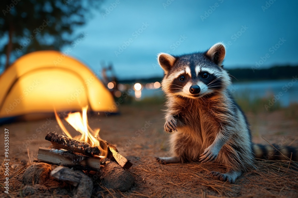 Raccoons scavenging near the campfire, their eyes gleaming in the dark ...
