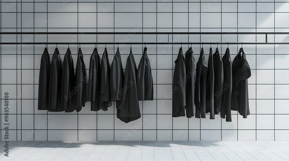 Black and gray dress clothes in modern shop display with white square ...