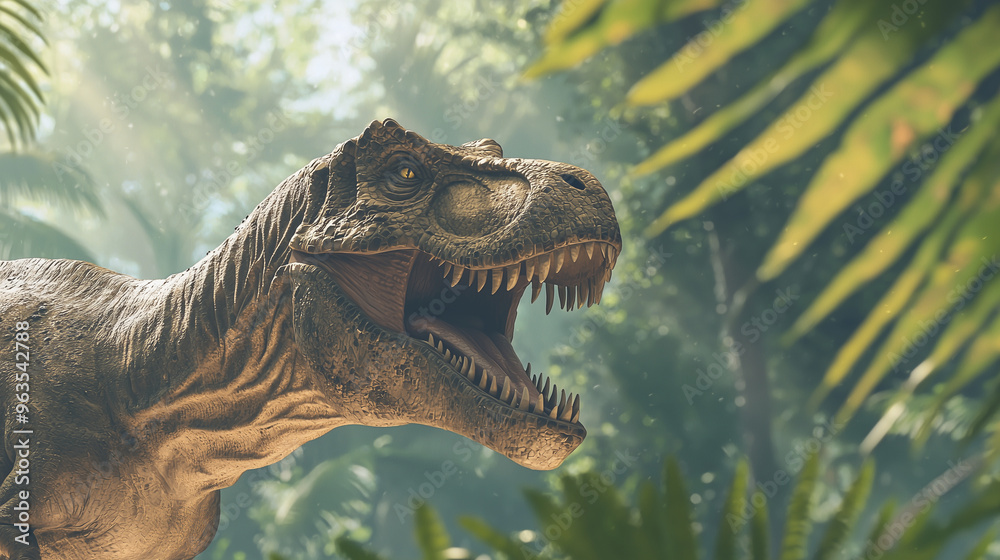 Dinosaur in Nature: T-Rex Consuming Foliage from a Tree, Highlighting ...