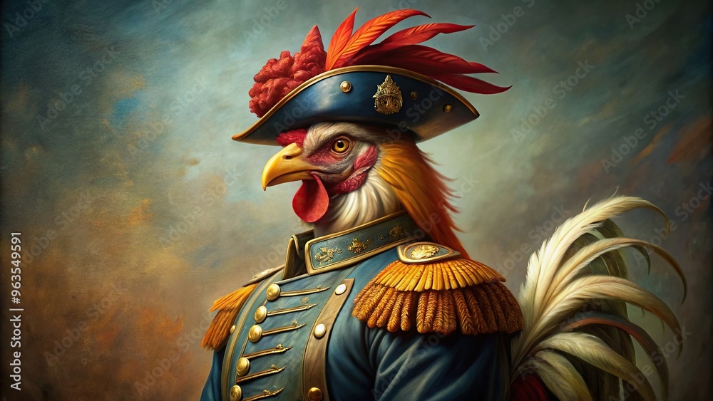 Simulation of a classic oil painting of a rooster wearing military ...