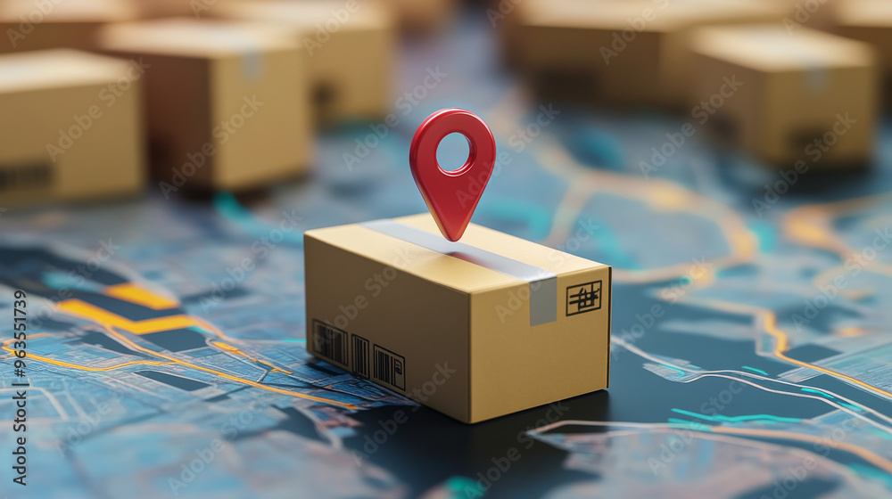 Parcel boxes on a GPS map with a red pin marking delivery location ...