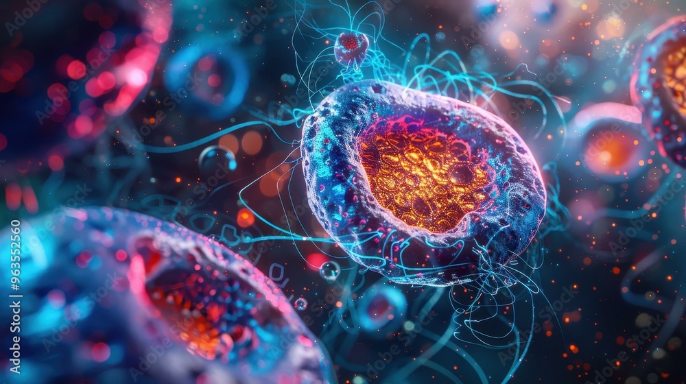 A vivid and highly detailed illustration of cellular structures ...