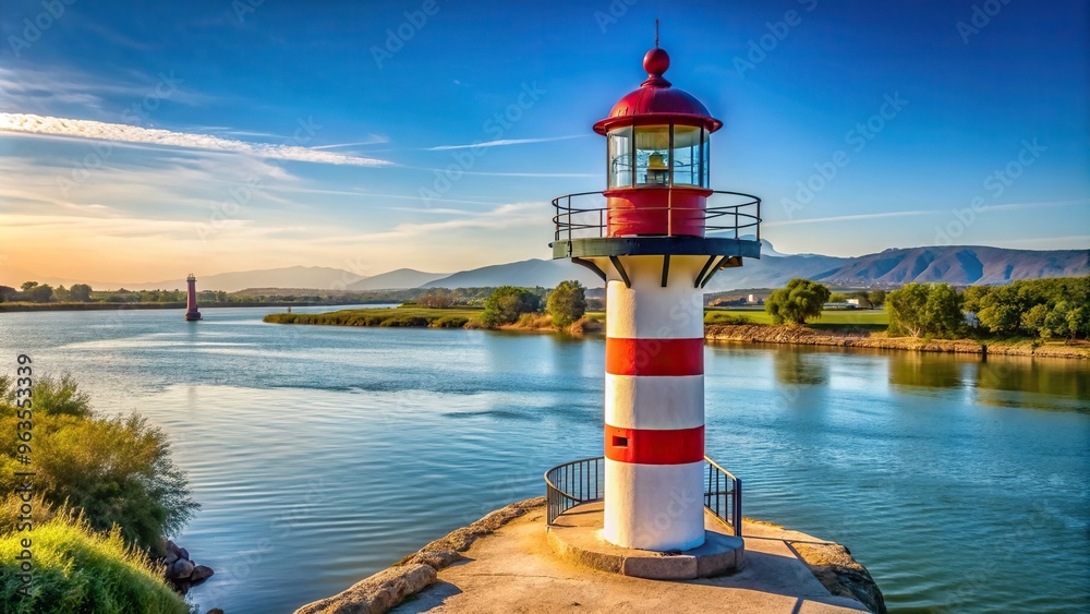 ships, riverside, safety, Beacon along the River Ebro a symmetrical ...