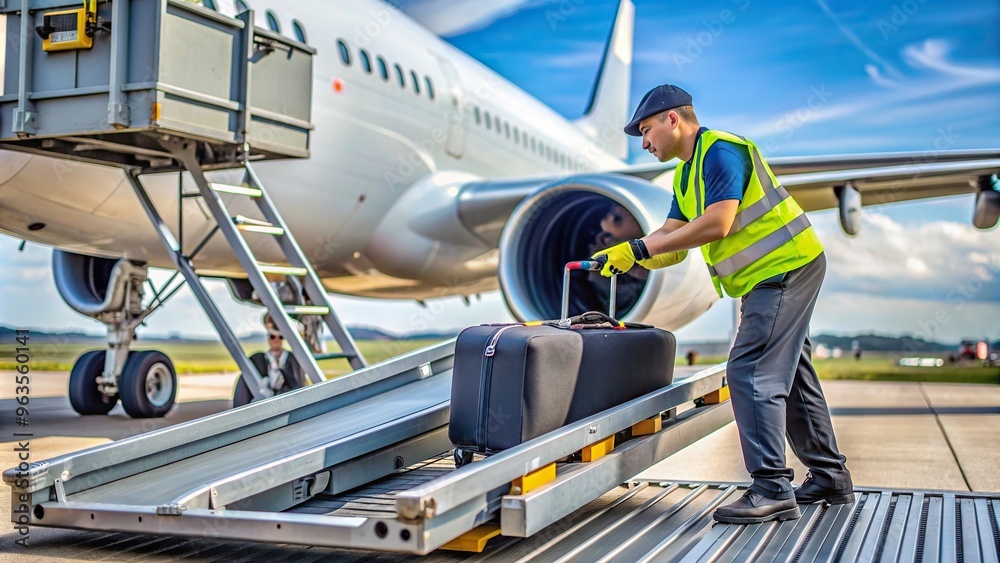 baggage, A close up photo of a ground crew member using a conveyor belt ...