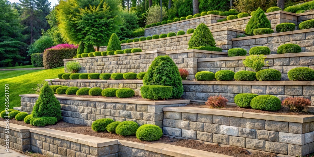 Tiered retaining wall made of stone blocks with lush yew shrubs planted ...