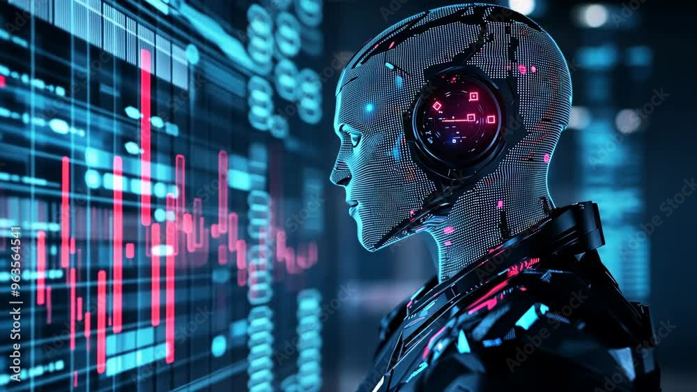 A robotic figure interacts with advanced data visualizations in a ...